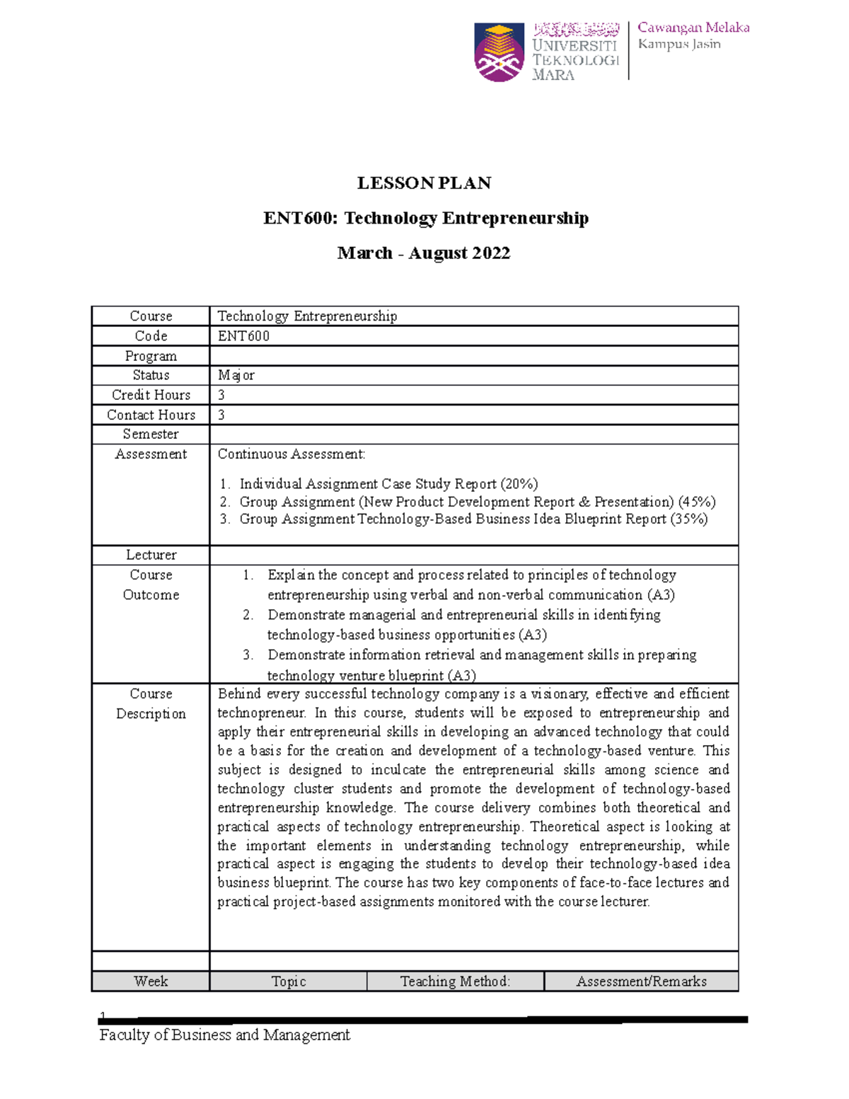 ENT600 Lesson Plan March - August 2022 Semester - LESSON PLAN ENT600 ...