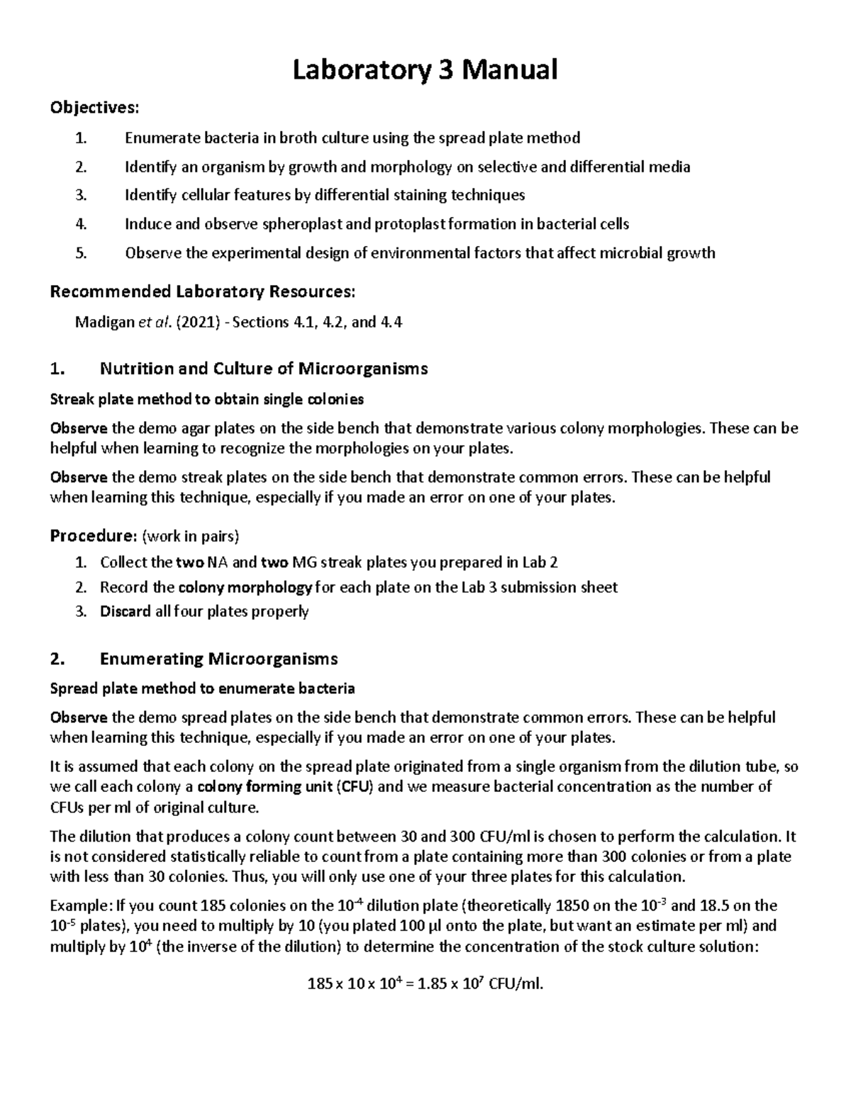 Manual Lab 3 W23 - Laboratory 3 Manual Objectives: Enumerate bacteria in broth culture using the ...