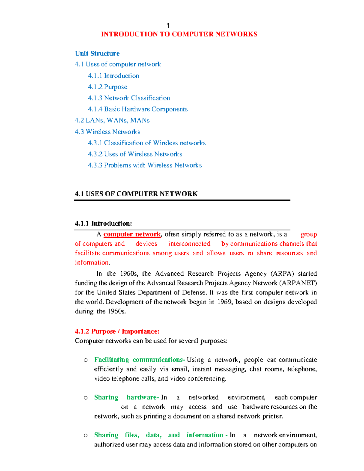 01.2 Introduction To Computer Networks - INTRODUCTION TO COMPUTER NETWORKS Unit Structure 4 Uses ...