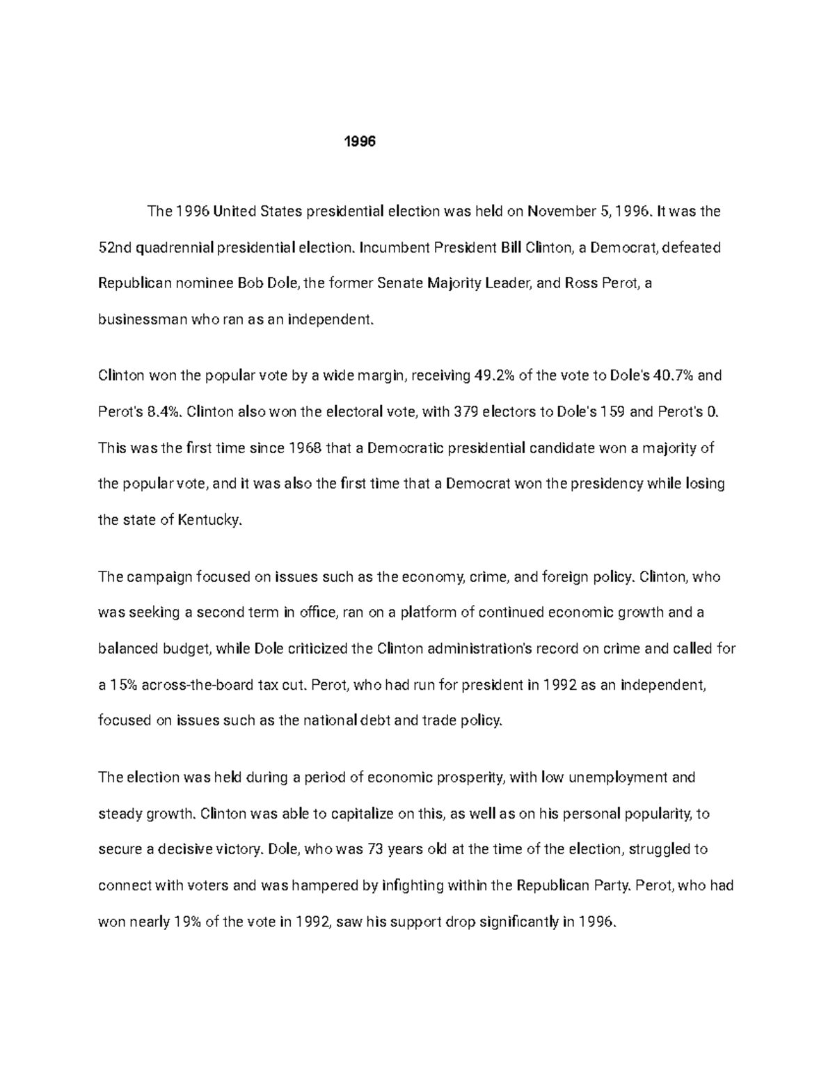 1996 - 1996 - 1996 The 1996 United States presidential election was ...