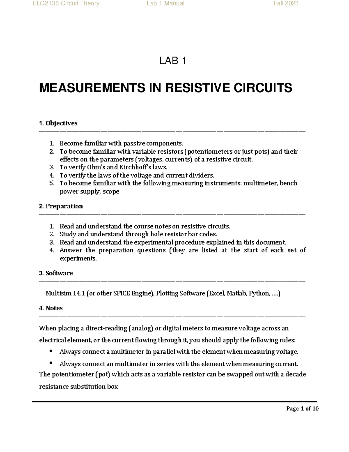 Lab 1 Manual-ELG 2138-F2023 V3 - LAB 1 MEASUREMENTS IN RESISTIVE CIRCUITS 1. Objectives - Studocu