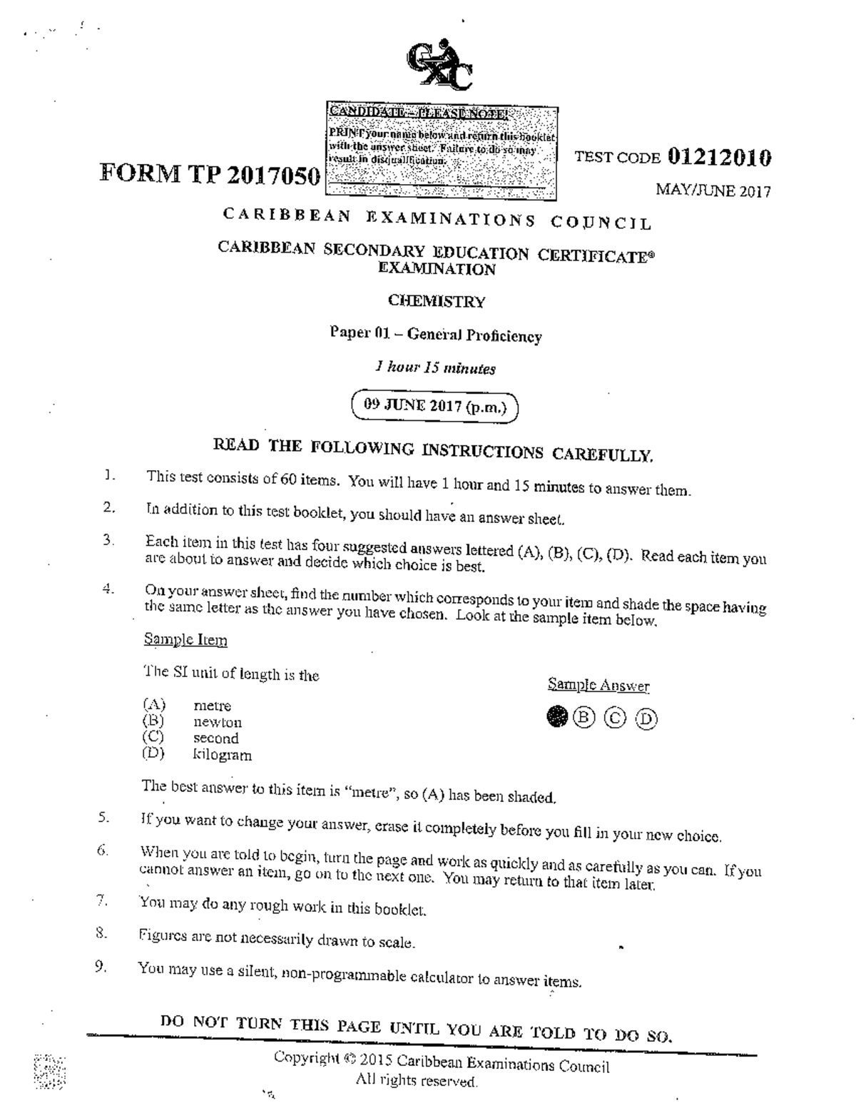 chemistry paper one - qb FOX{M TP 2017050 TEST CODE 0121201, MAY/JT'NE ...