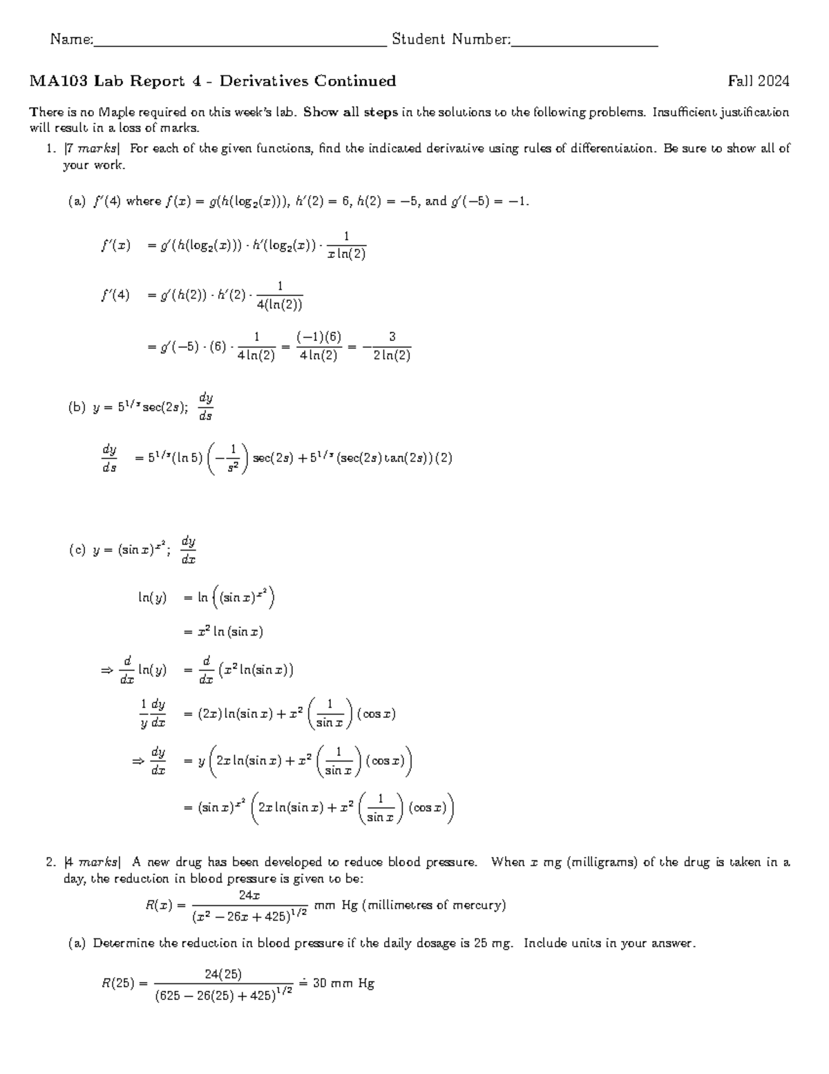 MA103 Lab 4 Solutions - Name: Student Number: MA103 Lab Report 4 - Derivatives Continued Fall ...