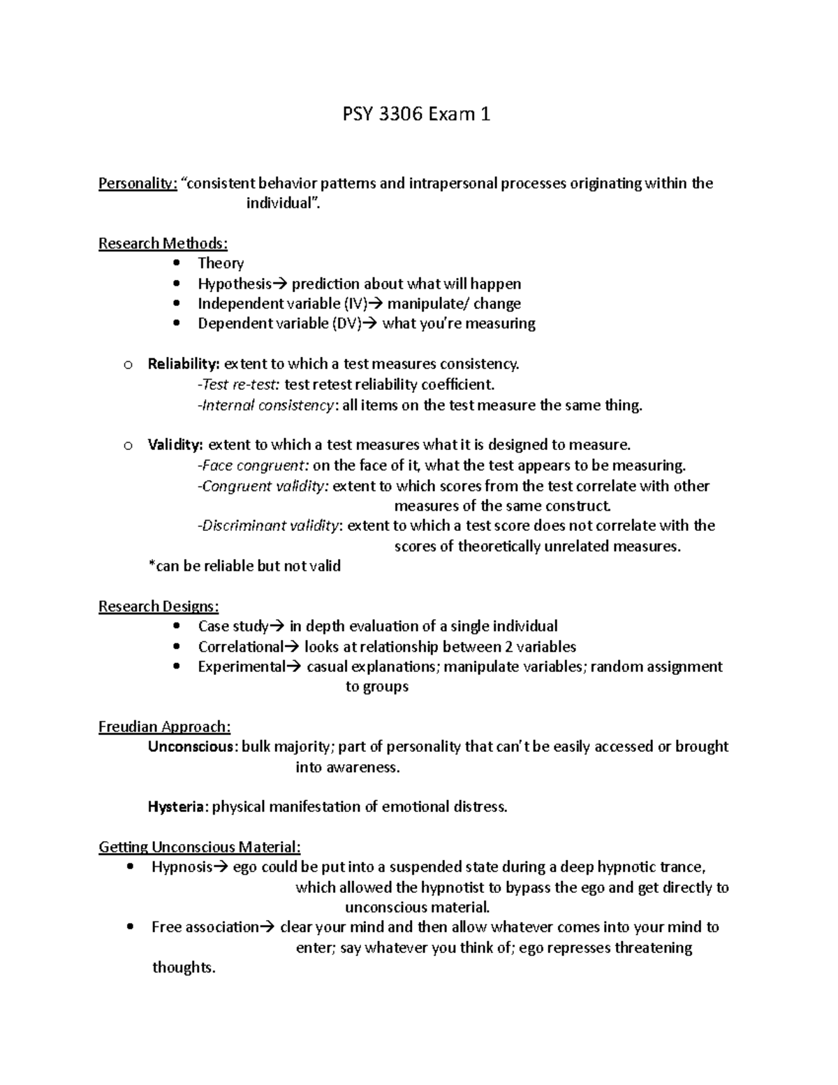 PSY 3306 Exam 1 - PSY 3306 Exam 1 Personality: “consistent behavior ...