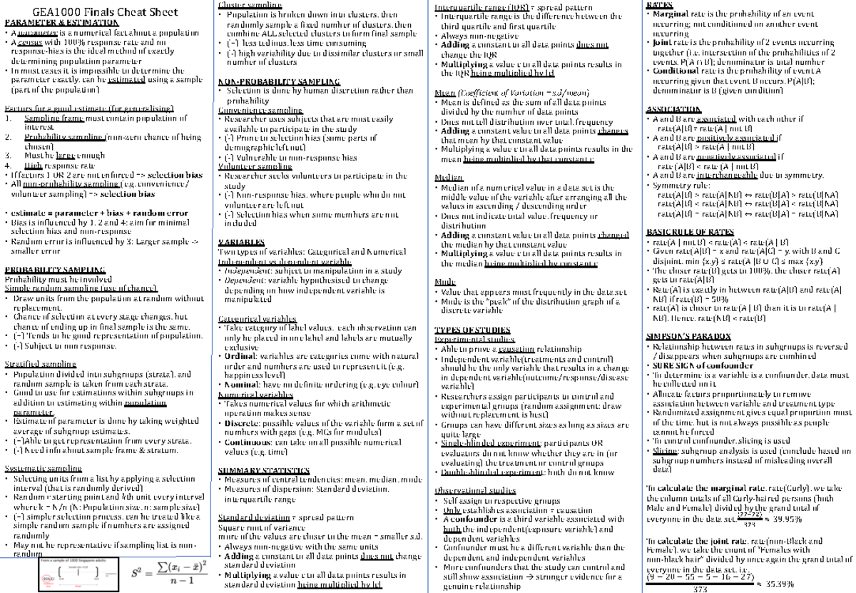 GEA Cheatsheet - Summary Quantitative reasoning with data - GEA1000 Finals Cheat Sheet PARAMETER ...