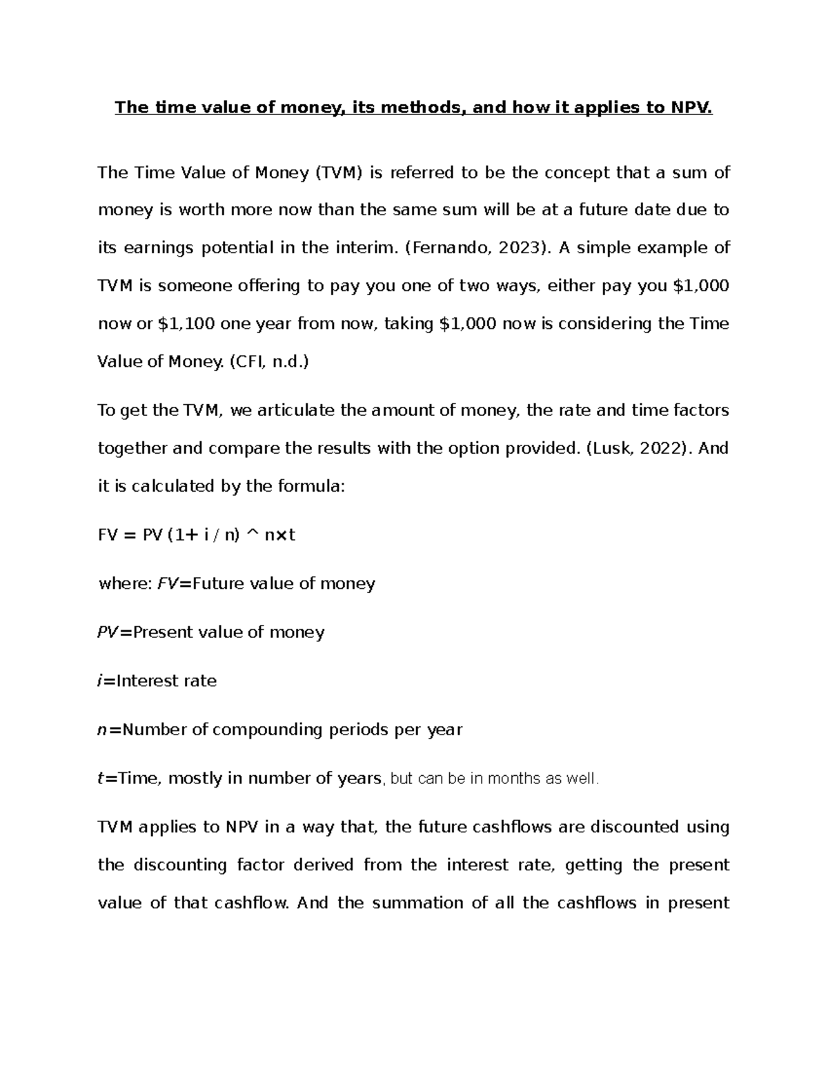 Portfolio Unit 2 - The time value of money, its methods, and how it ...