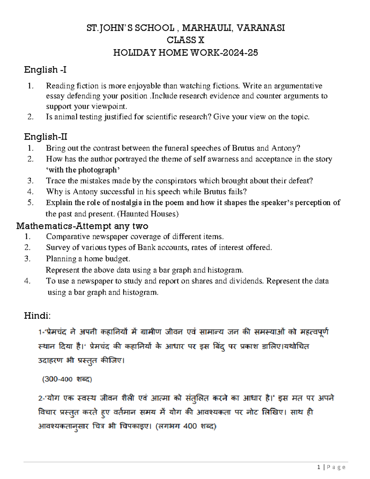 Holiday HOME WORK Class X - ST’S SCHOOL , MARHAULI, VARANASI CLASS X ...