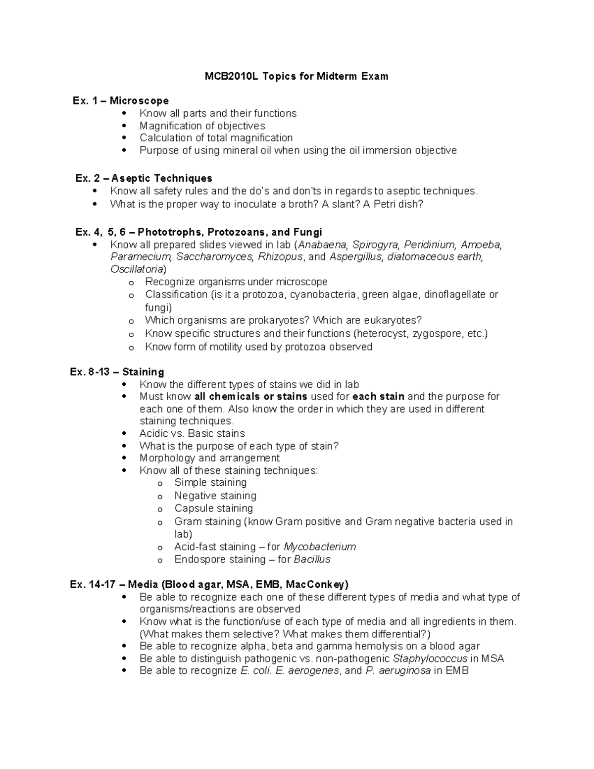MCB2010 L Topics for Midterm Exam Summer 2024 - MCB2010L Topics for Midterm Exam Ex. 1 ...