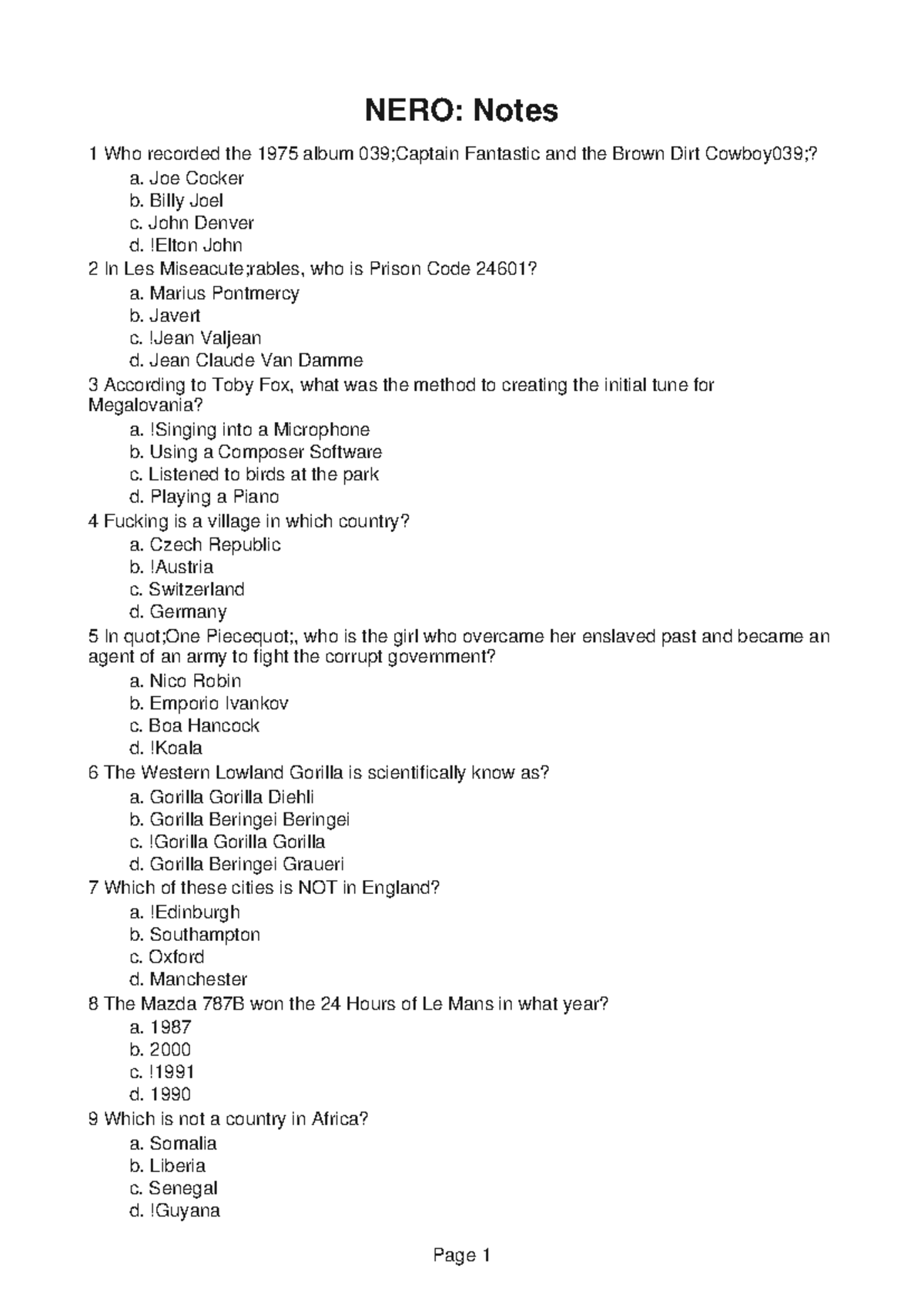 NERO100 Lecture Notes 6 - NERO: Notes 1 Who recorded the 1975 album 039 ...