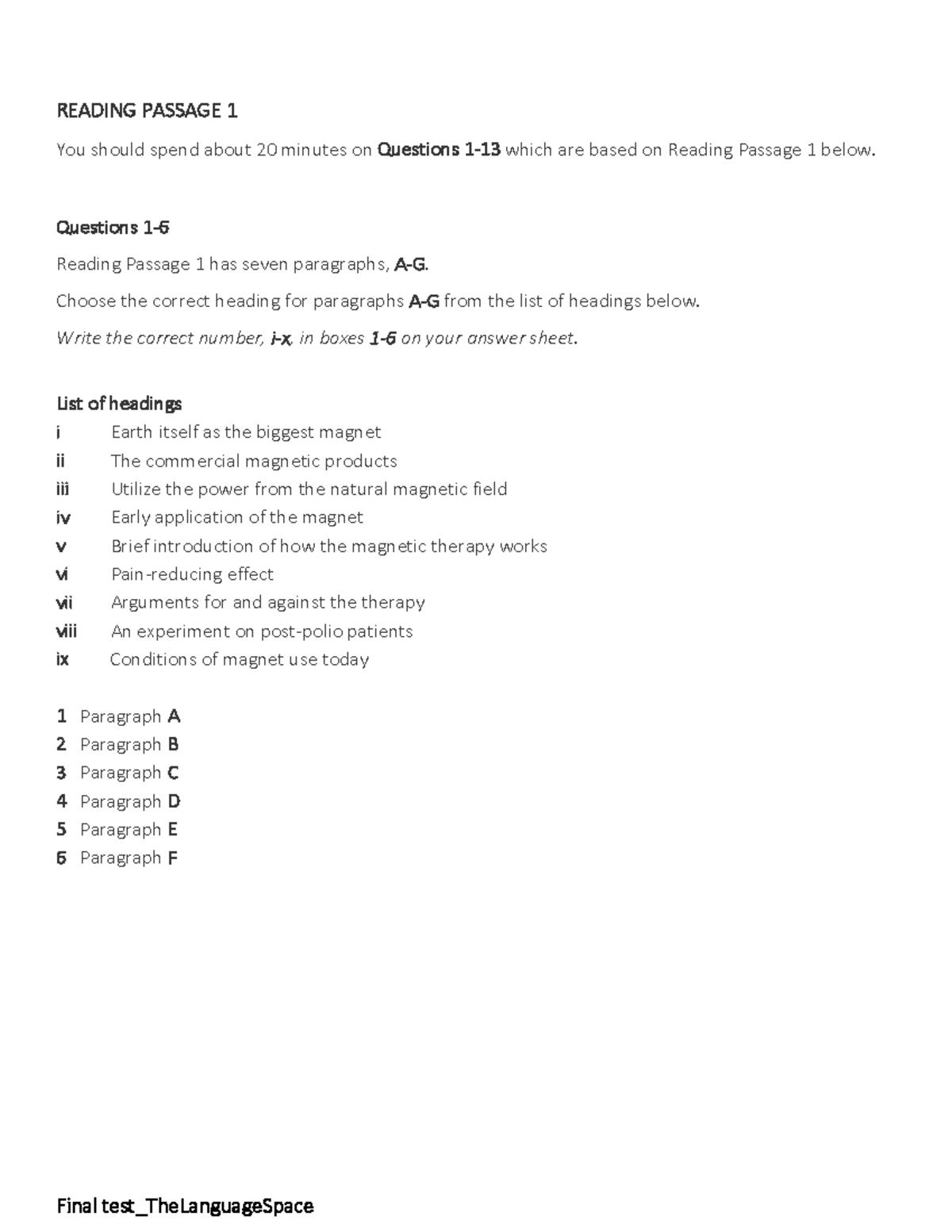 Reading Final test - READING PASSAGE 1 You should spend about 20 ...