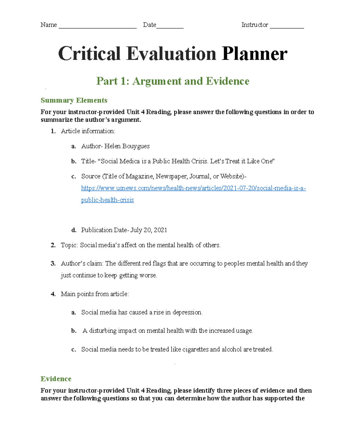 Critical Evaluation Planner Part 1 Evidence - Name ...