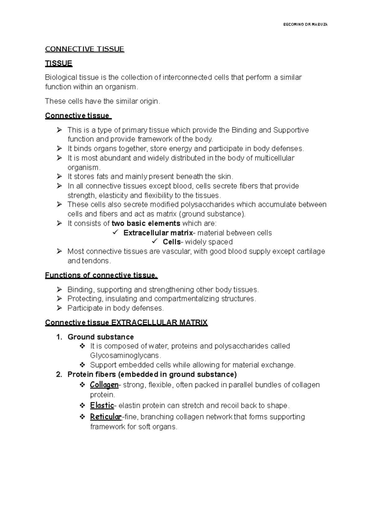 Tissues - Connective tissue notes - BECOMING DR MABUZA CONNECTIVE ...