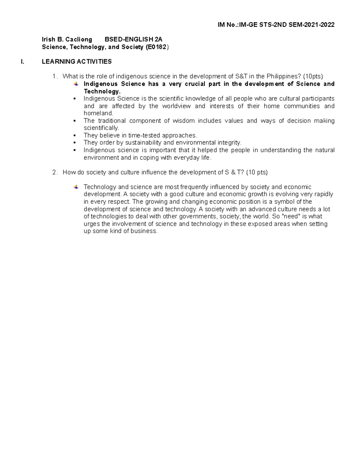 GE STS IM 4 - assignments in science - IM No.:IM-GE STS-2ND SEM-2021- Irish B. Cacliong BSED ...