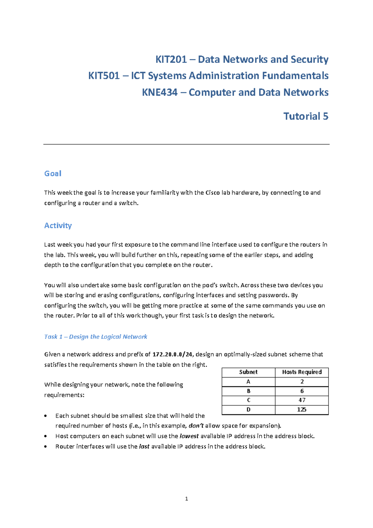 Kit501 Lecture Networks Tutorial 09 Kit201 Data Networks And Security Kit501 Ict Systems 