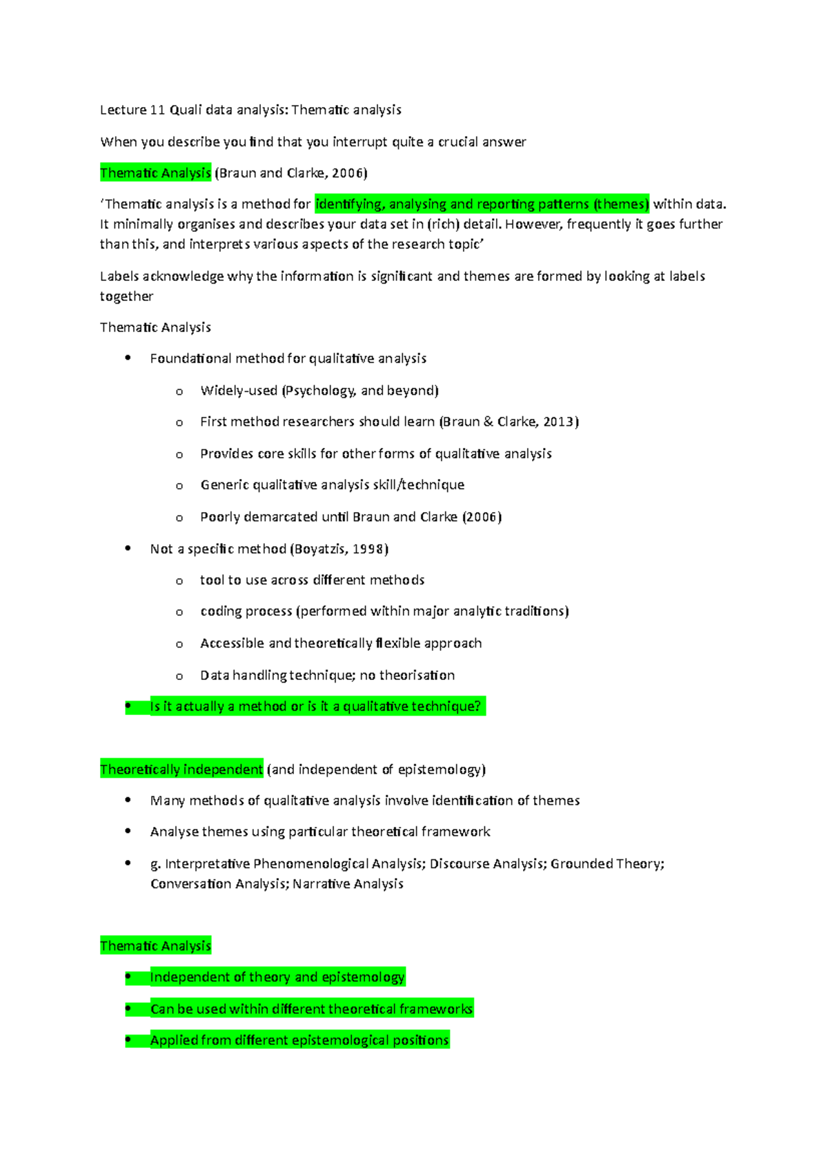 Lecture 11 Quali data analysis - Lecture 11 Quali data analysis: Thematic analysis When you ...