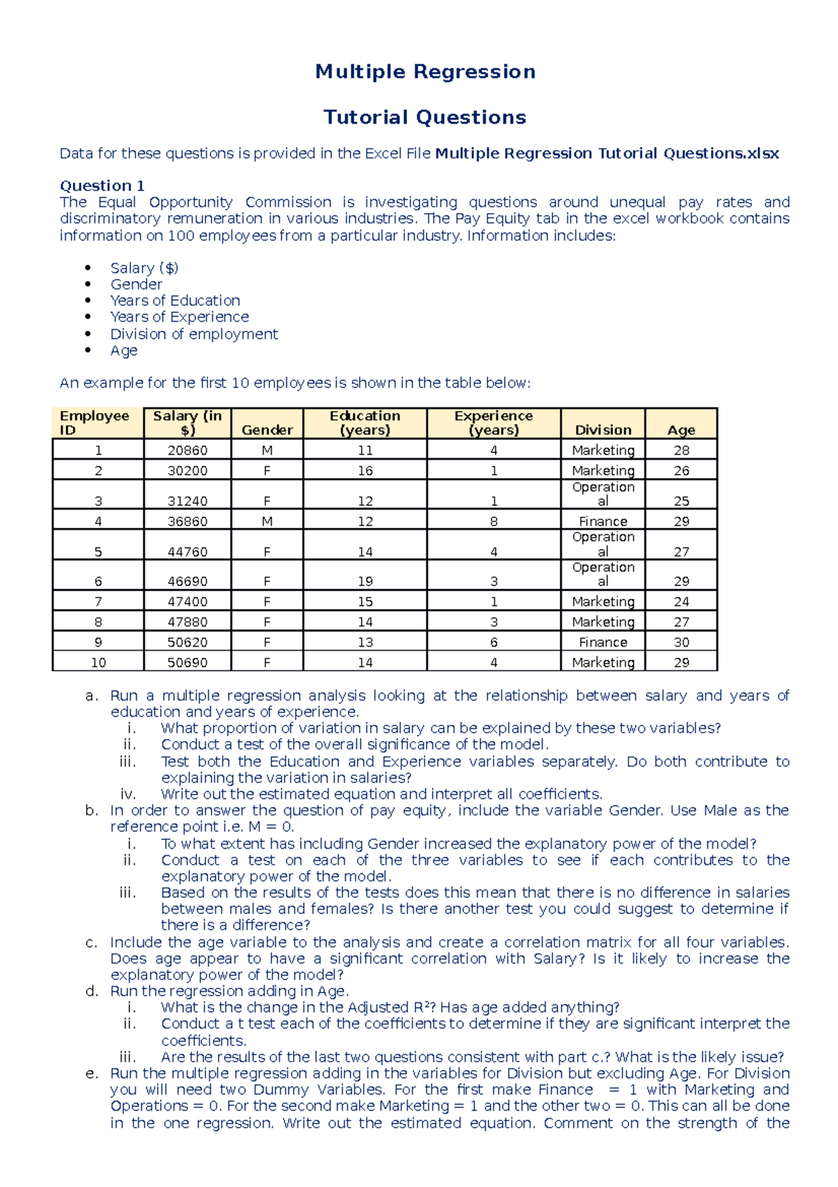Multiple Regression Tutorial Questions (2022 - 01) - Multiple Regression Tutorial Questions Data ...