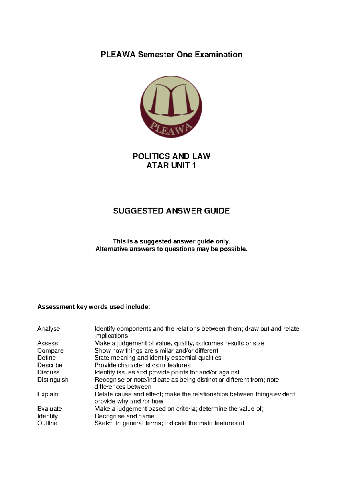 2024 Pleawa Exam Marking Guide Y11 Sem 1 - PLEAWA Semester One ...