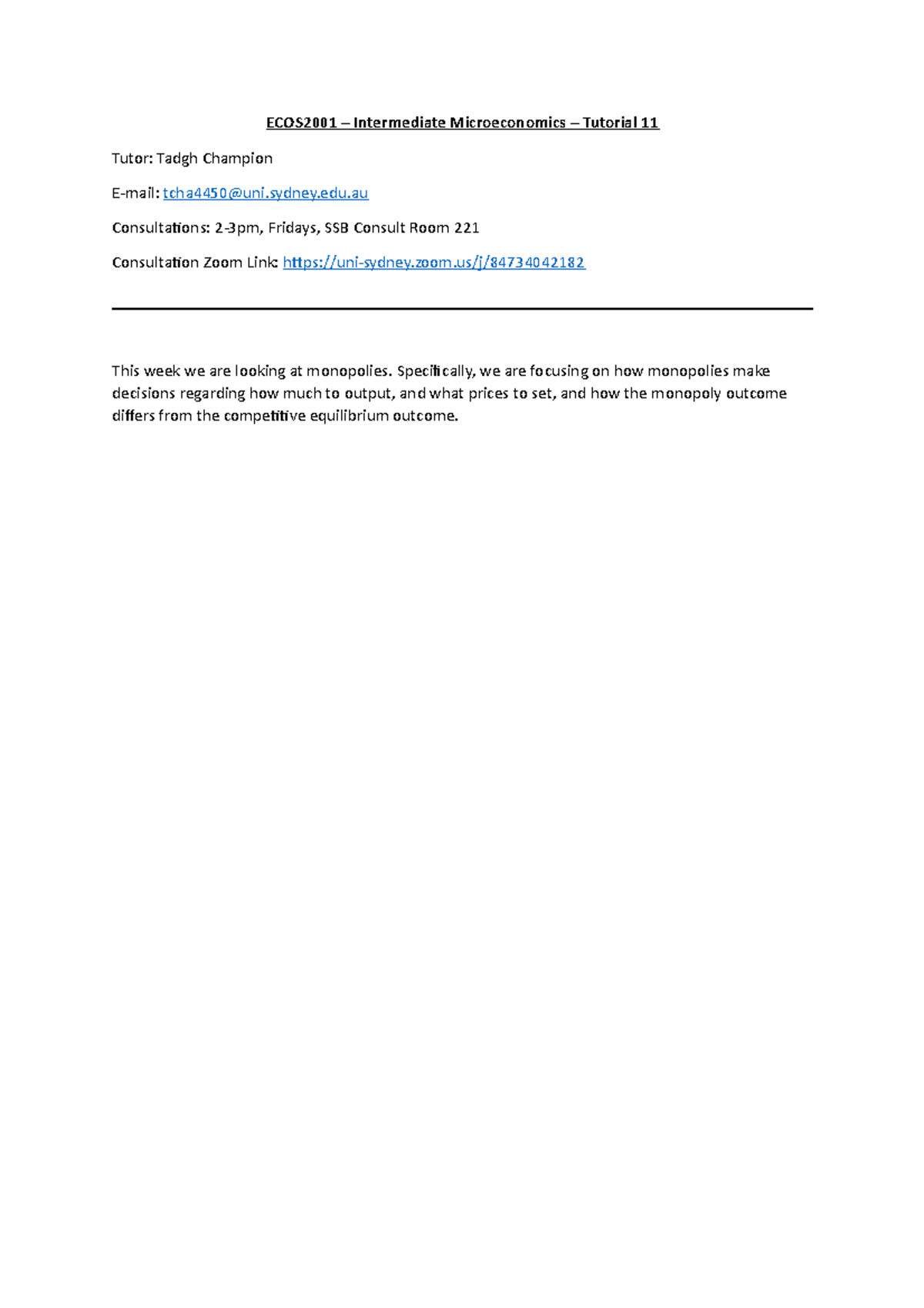 Tutorial 11 - ECOS2001 tute 11 - ECOS2001 – Intermediate Microeconomics ...