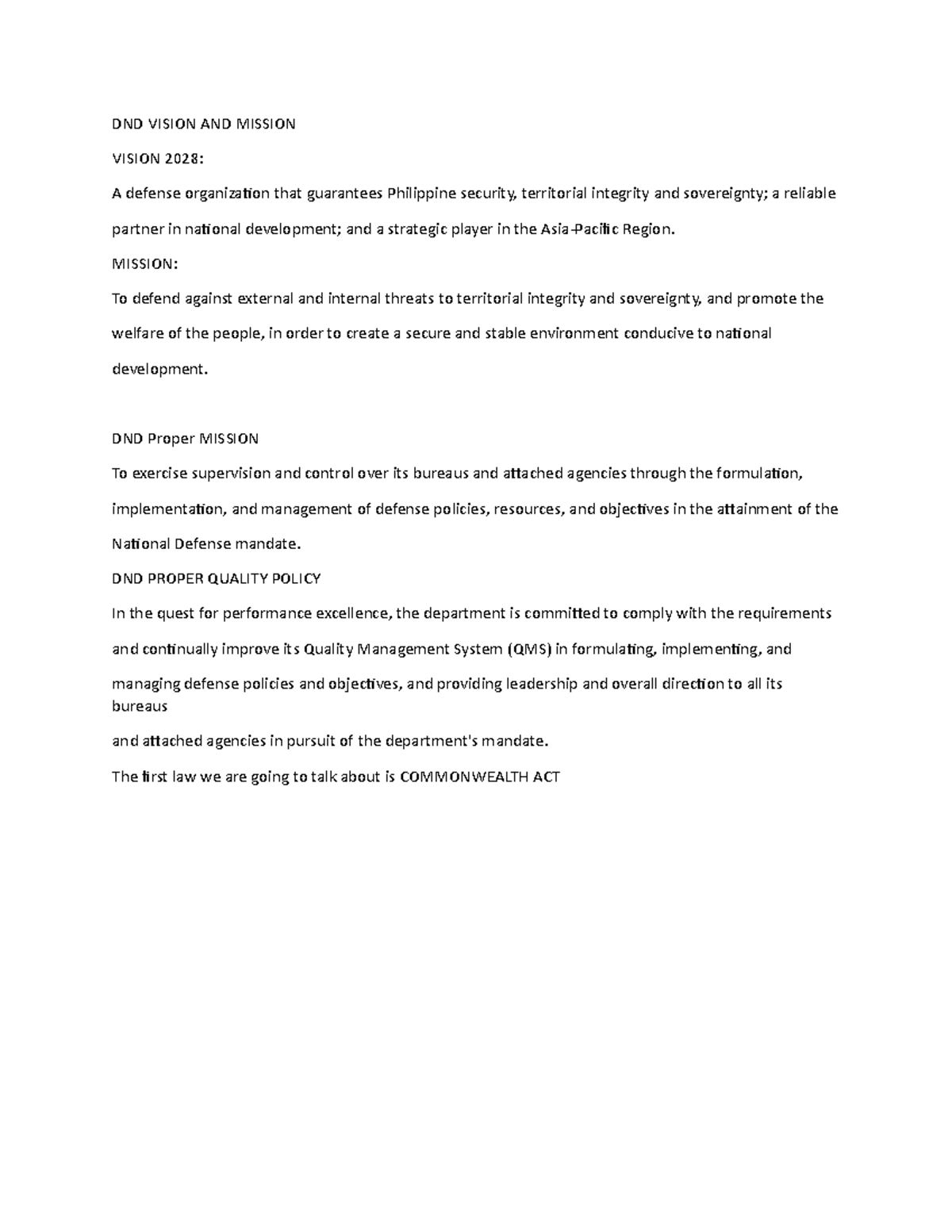 Lecture Notes LEA8 - DND VISION AND MISSION VISION 2028: A defense ...