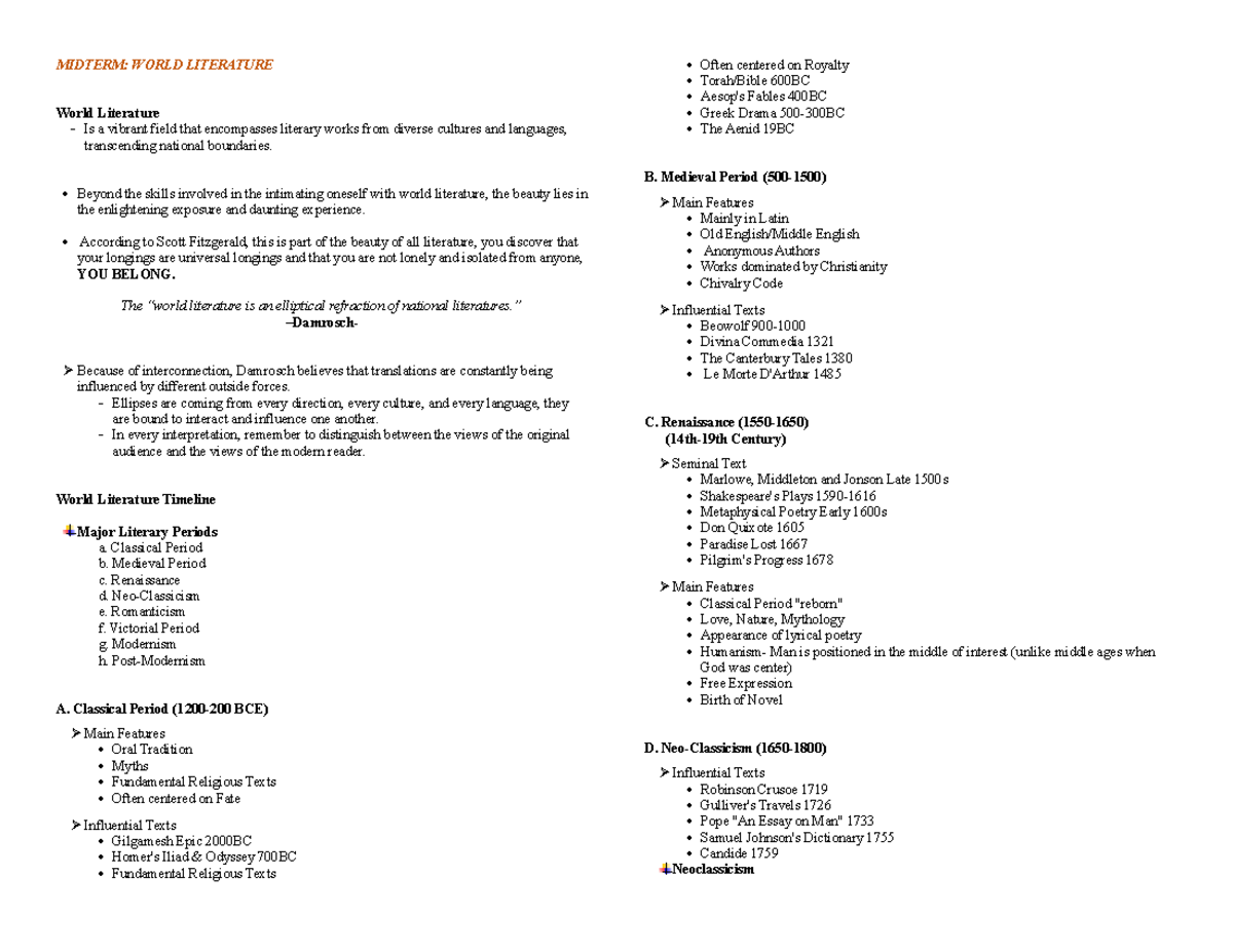 Midterm - MIDTERM: WORLD LITERATURE World Literature Is a vibrant field that encompasses ...