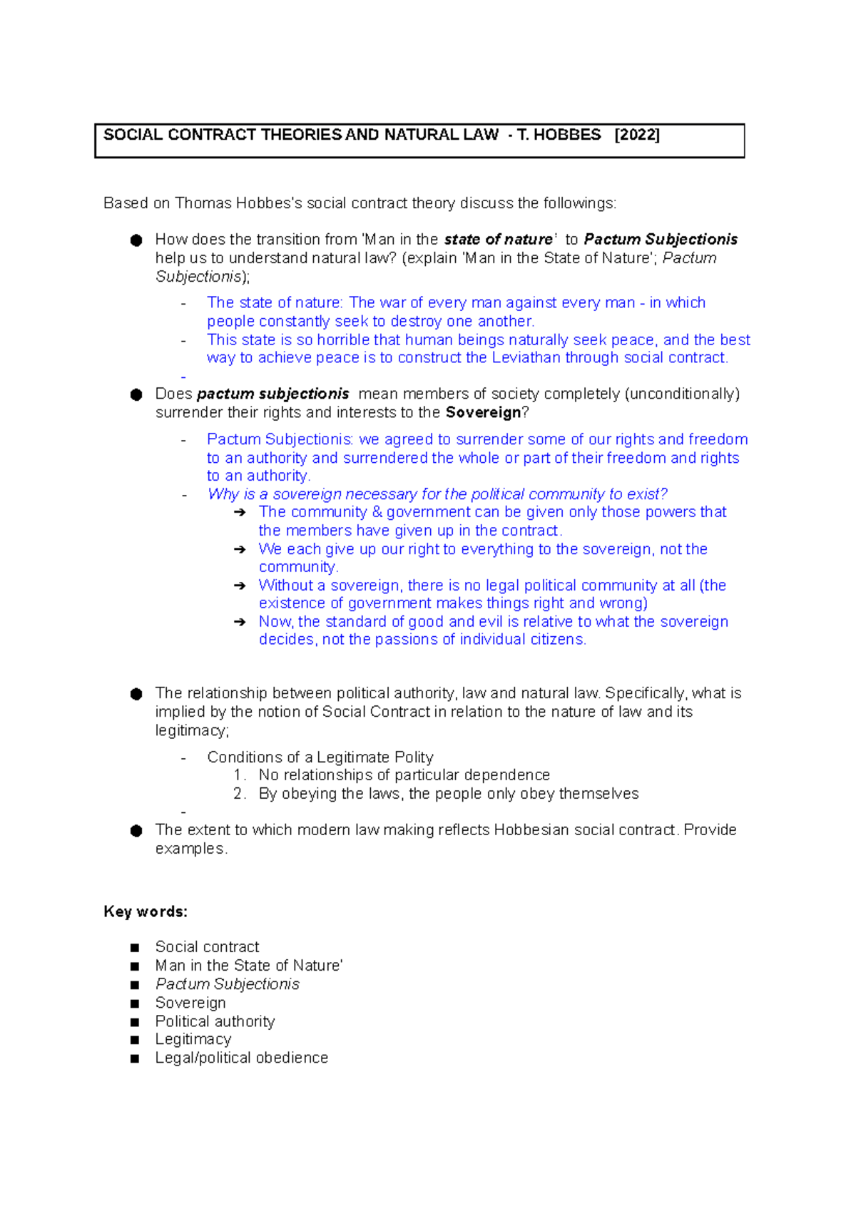 Tutorial - Social Contract Theories AND Natural LAW - T. Hobbes ...