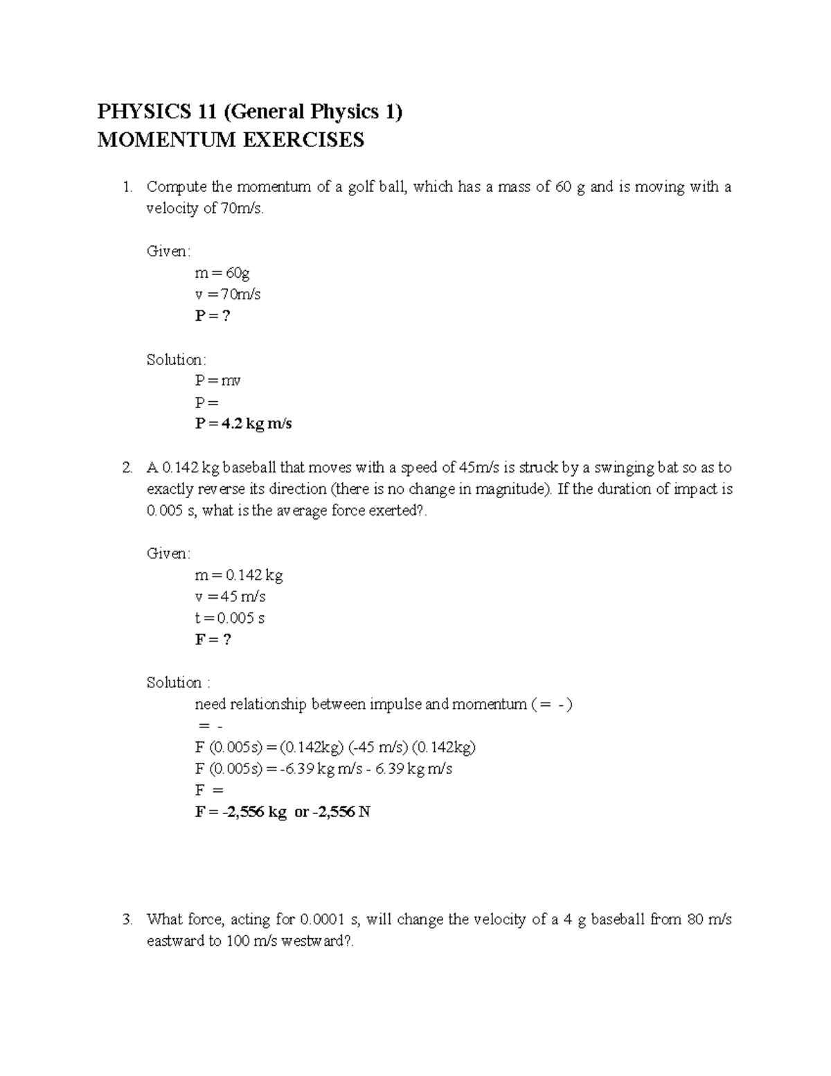 General Physic Momentum Exercise - PHYSICS 11 (General Physics 1 ...