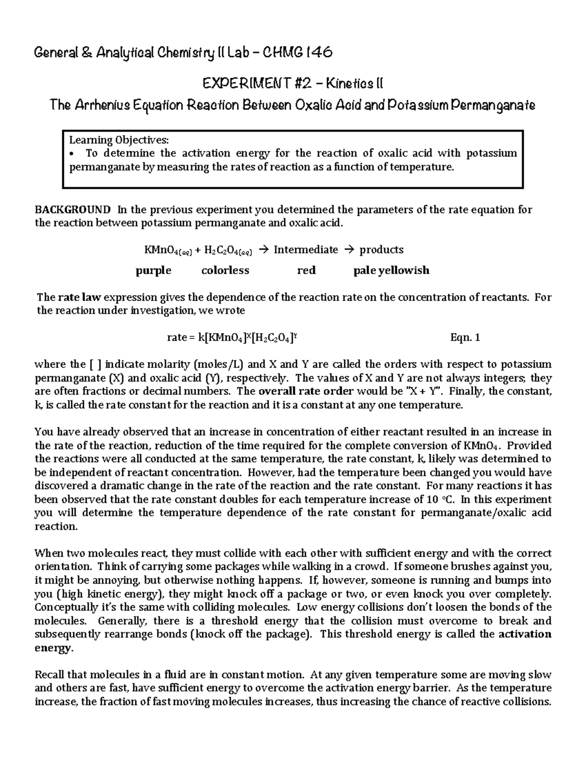 Lab 2 - Kinetics II - General & Analytical Chemistry II Lab – CHMG 146 ...