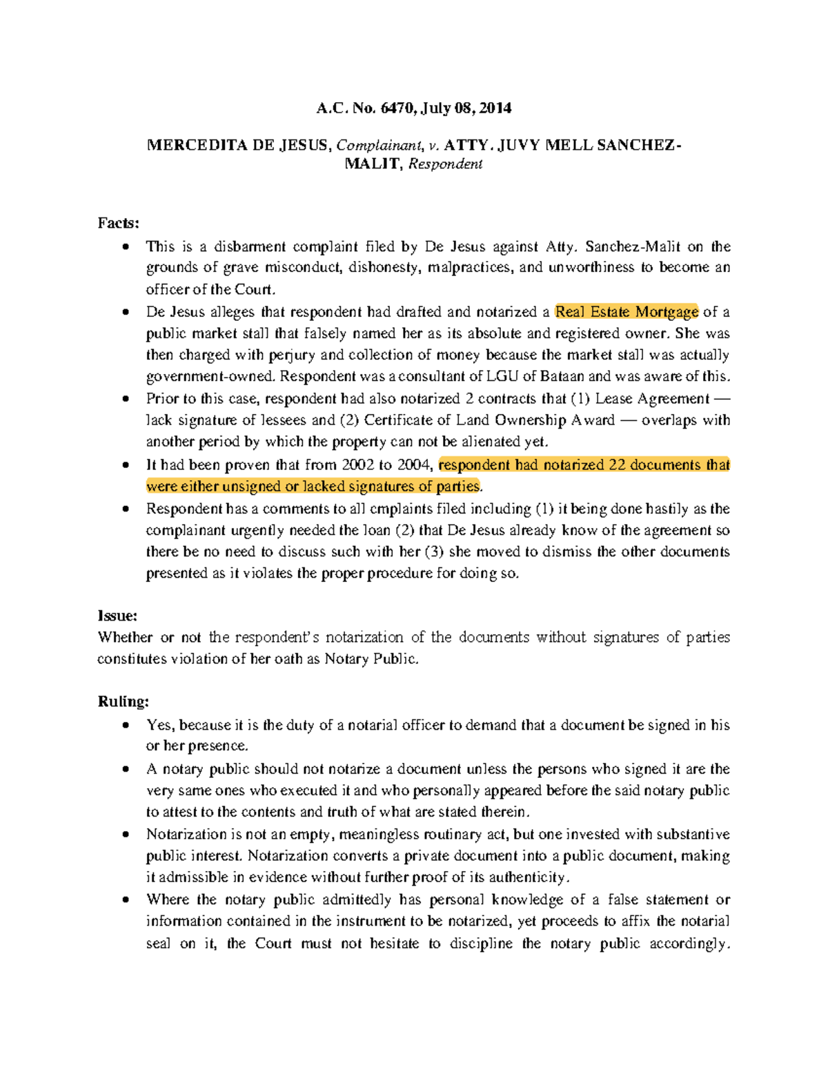 Digest — (7) De Jesus vs Sanchez-Malit - A. No. 6470, July 08, 2014 ...