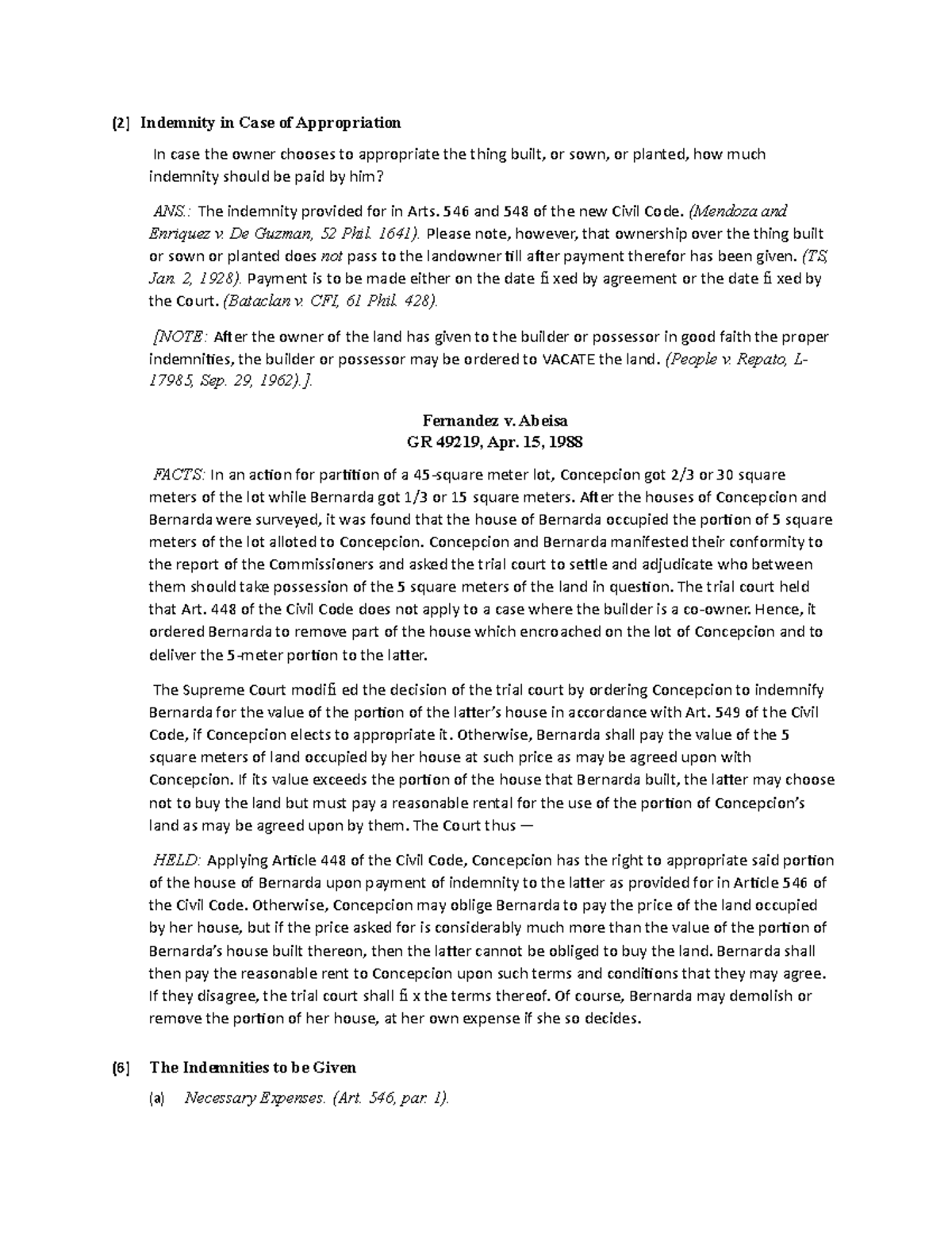 Property law m56 - (2) Indemnity in Case of Appropriation In case the ...