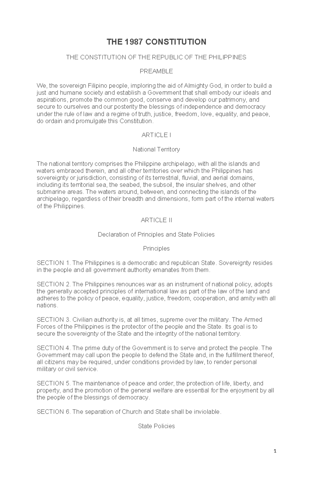 THE 1987 Constitution - THE 1987 CONSTITUTION THE CONSTITUTION OF THE ...