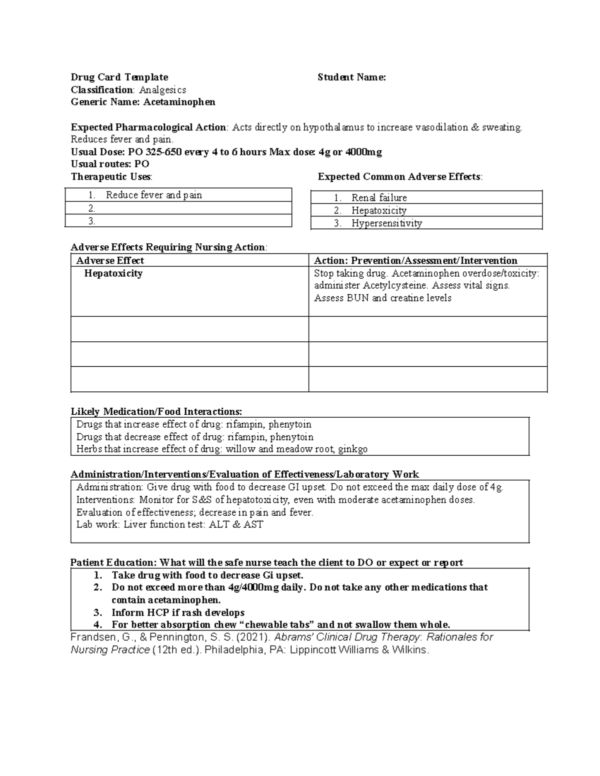 Acetaminophen - medications - Drug Card Template Student Name ...