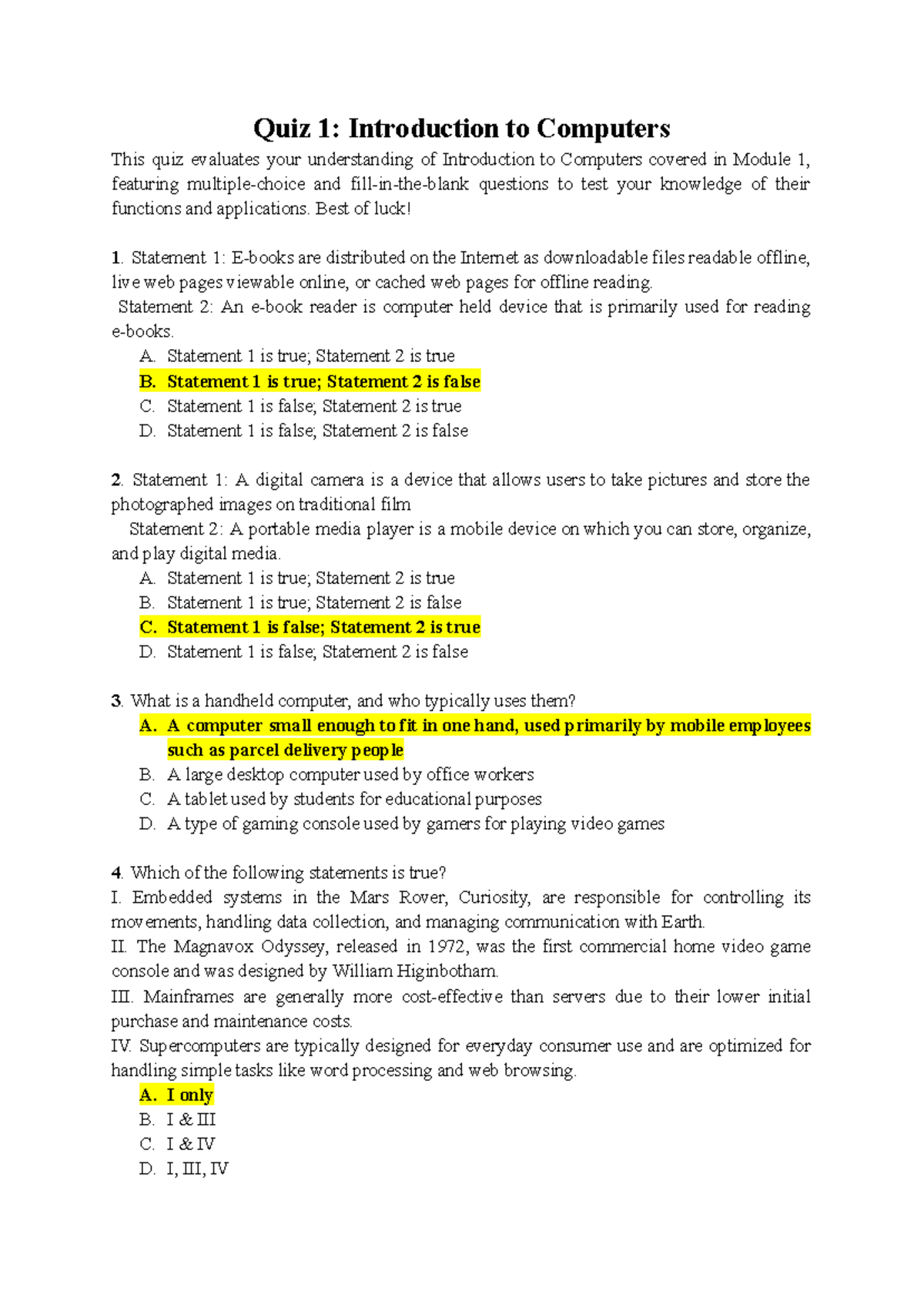 Quiz 1- Introduction to Computers-1 - Quiz 1: Introduction to Computers ...