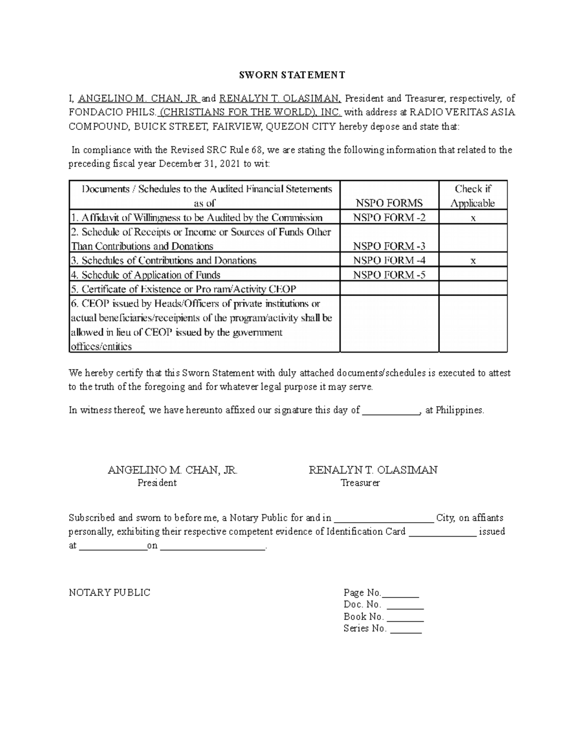 Sched FOR NON- Stock NON- Profit ORG. - SWORN STATEMENT I, ANGELINO M ...