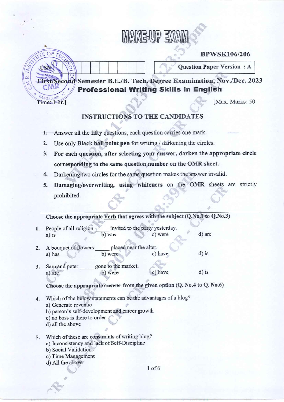 Make-Up VTU Question Paper of Bpwsk 206 Professional Writing Skills in English Nov-Dec-2023 ...