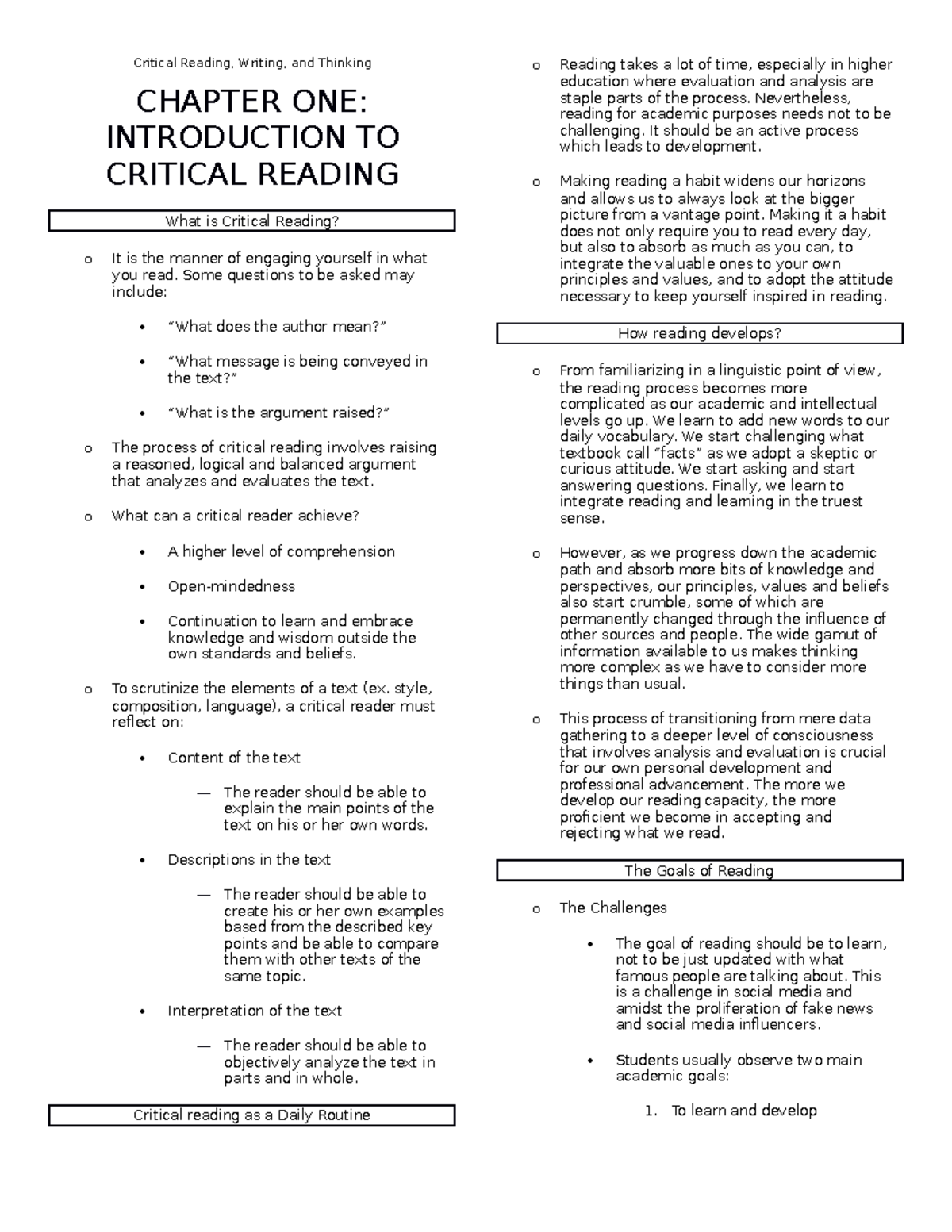 CRWT111 - critical - Critical Reading, Writing, and Thinking CHAPTER ...