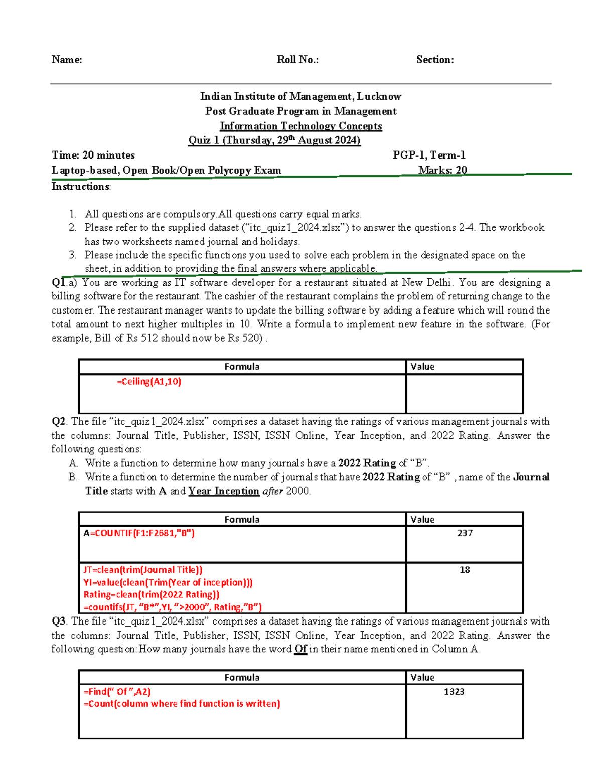 ITC Quiz1 solved - Name: Roll No.: Section: Indian Institute of Management, Lucknow Post ...