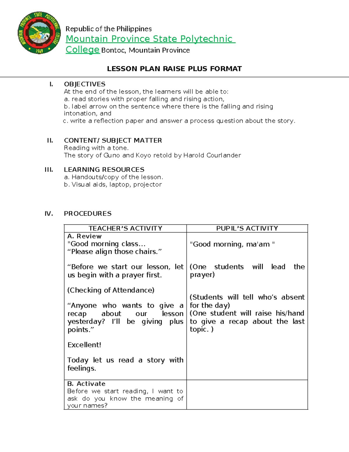 Guno And Koyo LP - Lesson plan on education english - Mountain Province ...