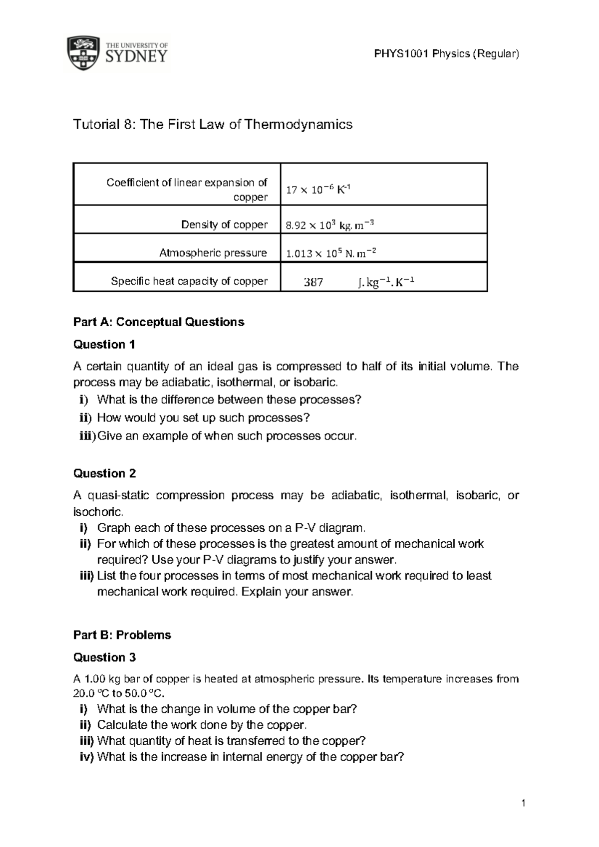 Phys1001 tutorial 8 - 1 PHYS1001 Physics (Regular) Tutorial 8: The ...