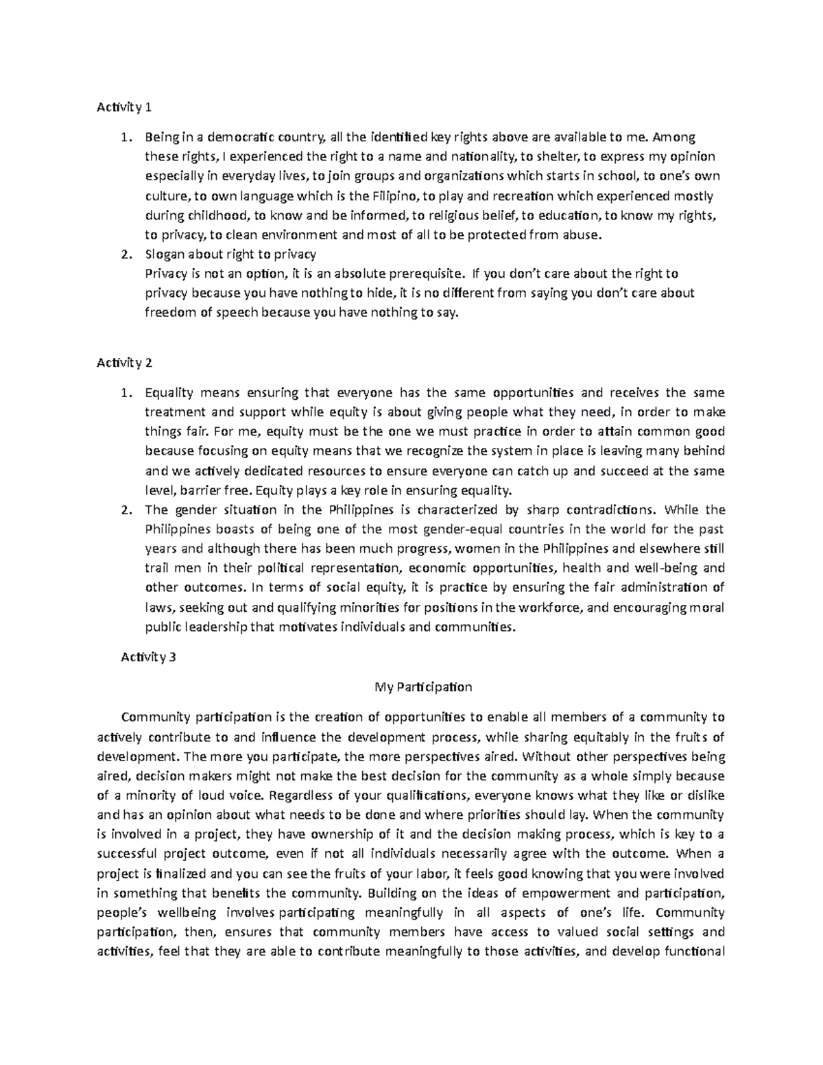 Community - activities - Acivity 1 Being in a democraic country, all ...