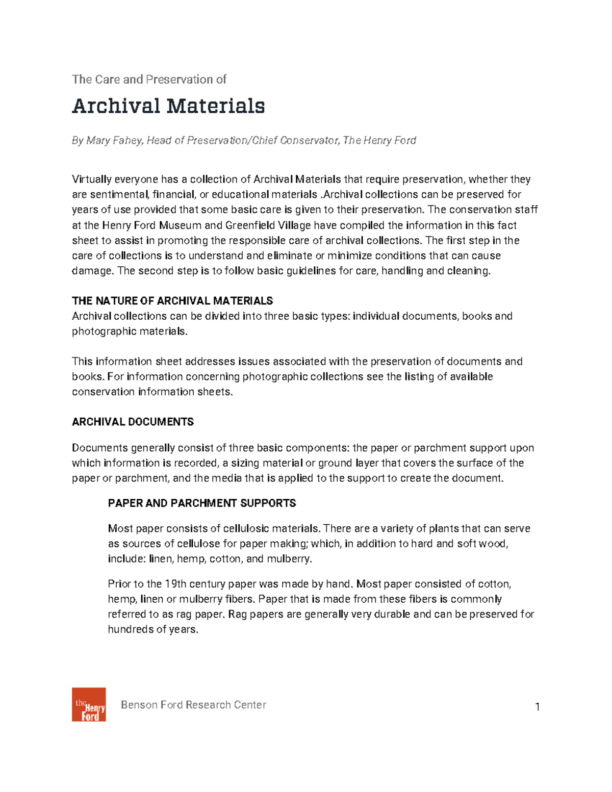 The henry ford archival materials conservation - Benson Ford Research ...