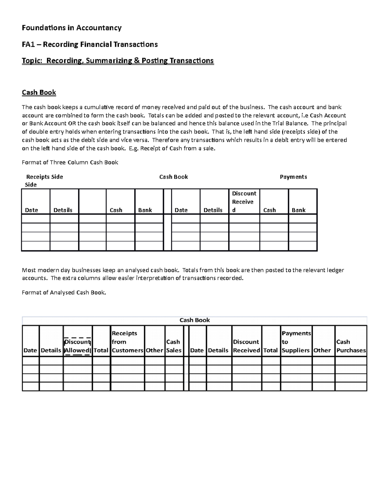 Lecture 6 - Recording, Summarising Posting Transactions - Foundations in Accountancy FA1 ...