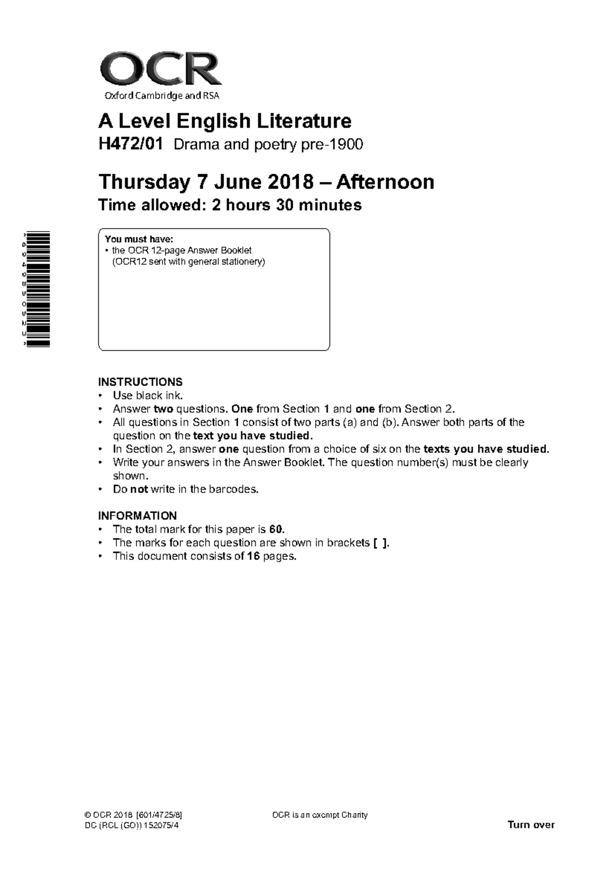 H472 june 2018 paper 1 qp ocr a level english literature - A Level ...