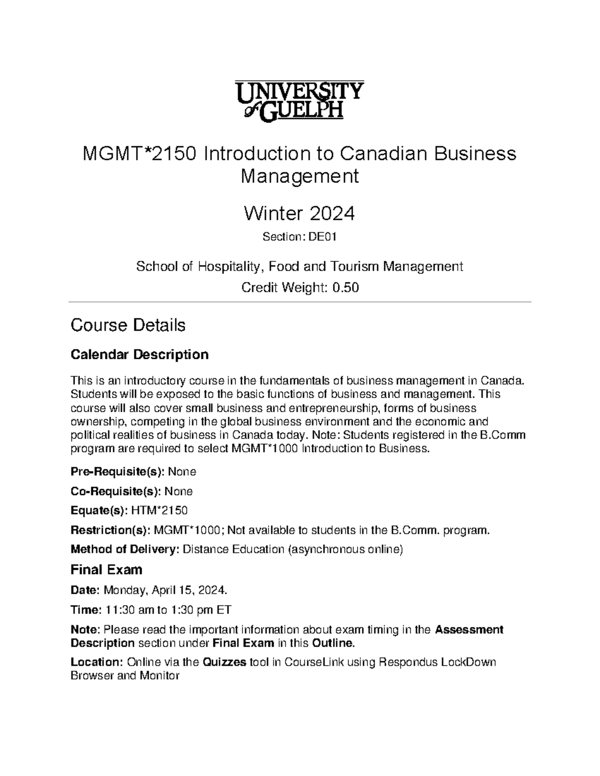 Outline MGMT2150 DE - MGMT*2150 Introduction to Canadian Business ...