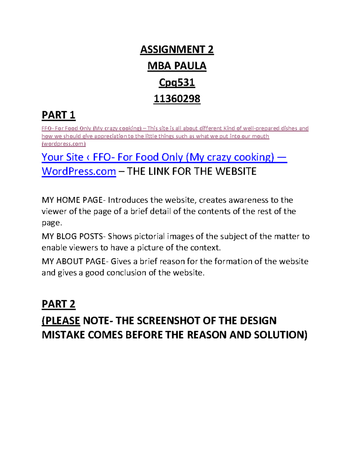 Cpq531 Assignment 2 (computer science) - ASSIGNMENT 2 MBA PAULA Cpq 11360298 PART 1 FFO- For ...