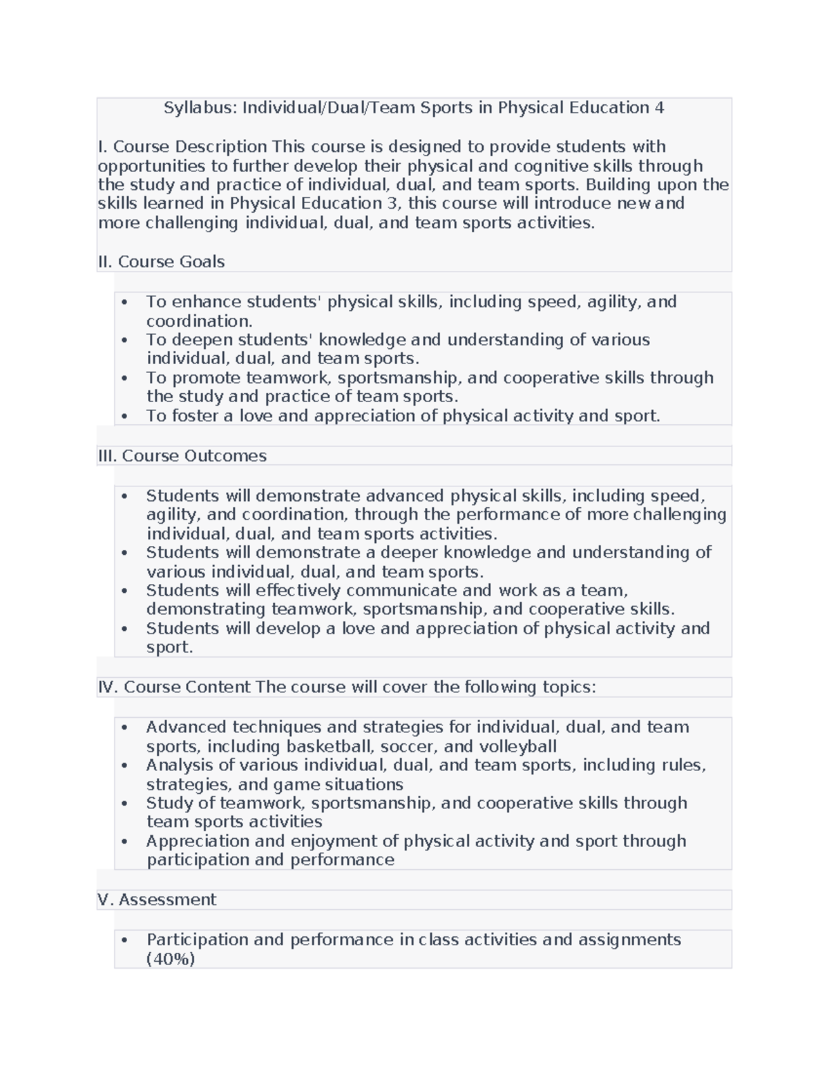 Syllabus PE 4 - Syllabus: Individual/Dual/Team Sports in Physical ...