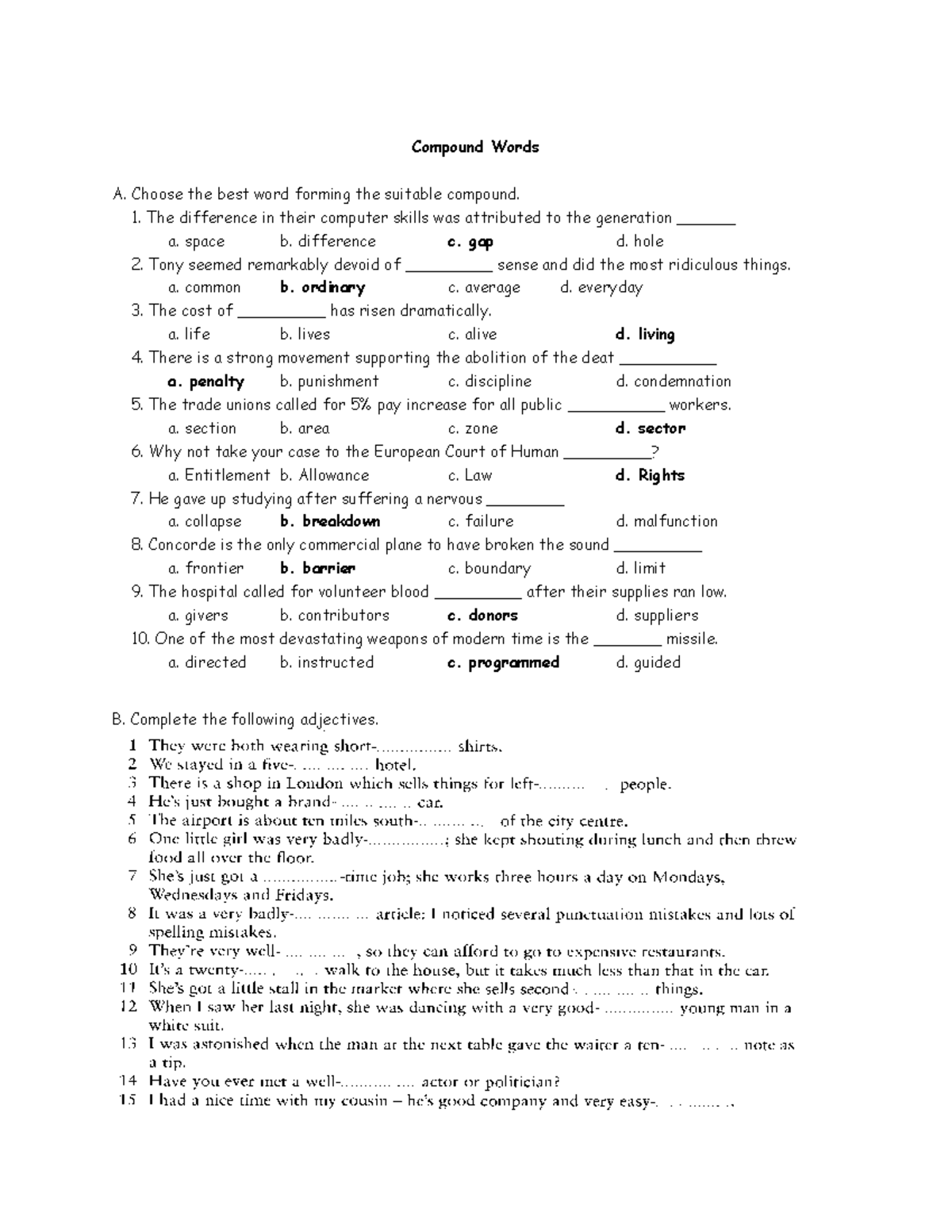 Compound word task - Compound Words A. Choose the best word forming the ...