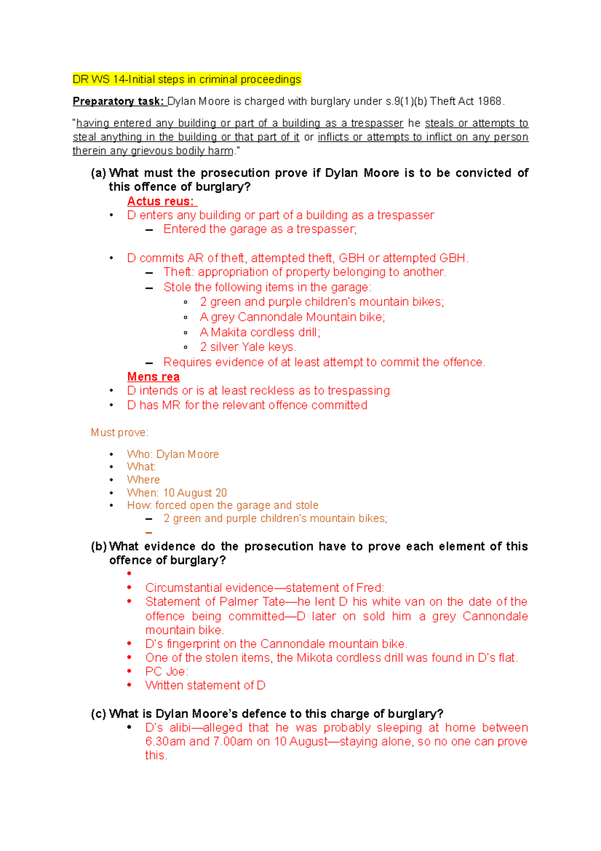 DR WS 14 answer - DR WS 14-Initial steps in criminal proceedings Preparatory task: Dylan Moore ...
