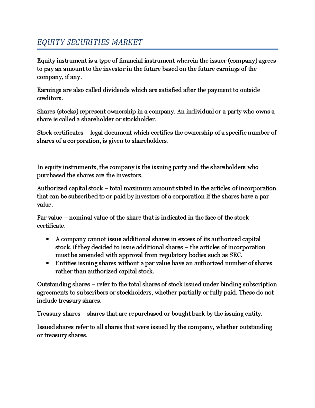 Equity Securities Market - EQUITY SECURITIES MARKET Equity instrument ...