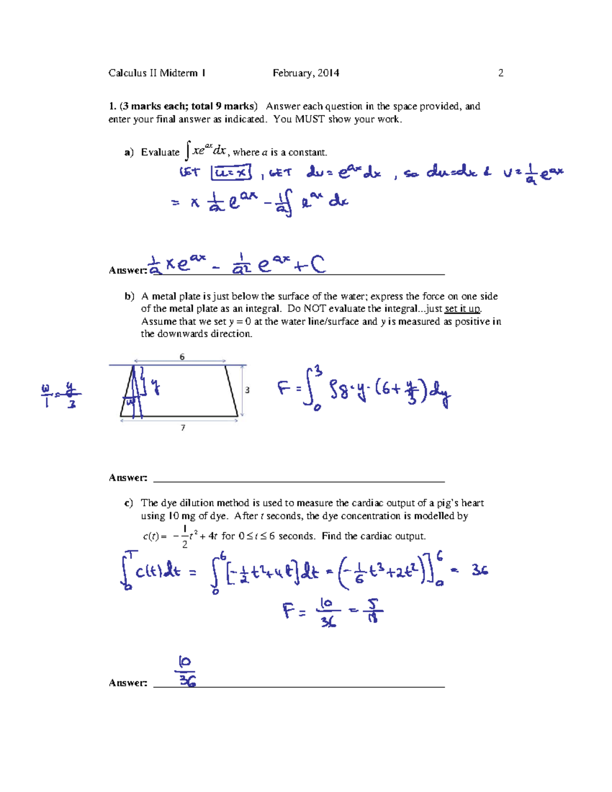 Exam February 2014, questions and answers - Midterm 1 - Calculus II Midterm 1 February, 2014 2 1 ...