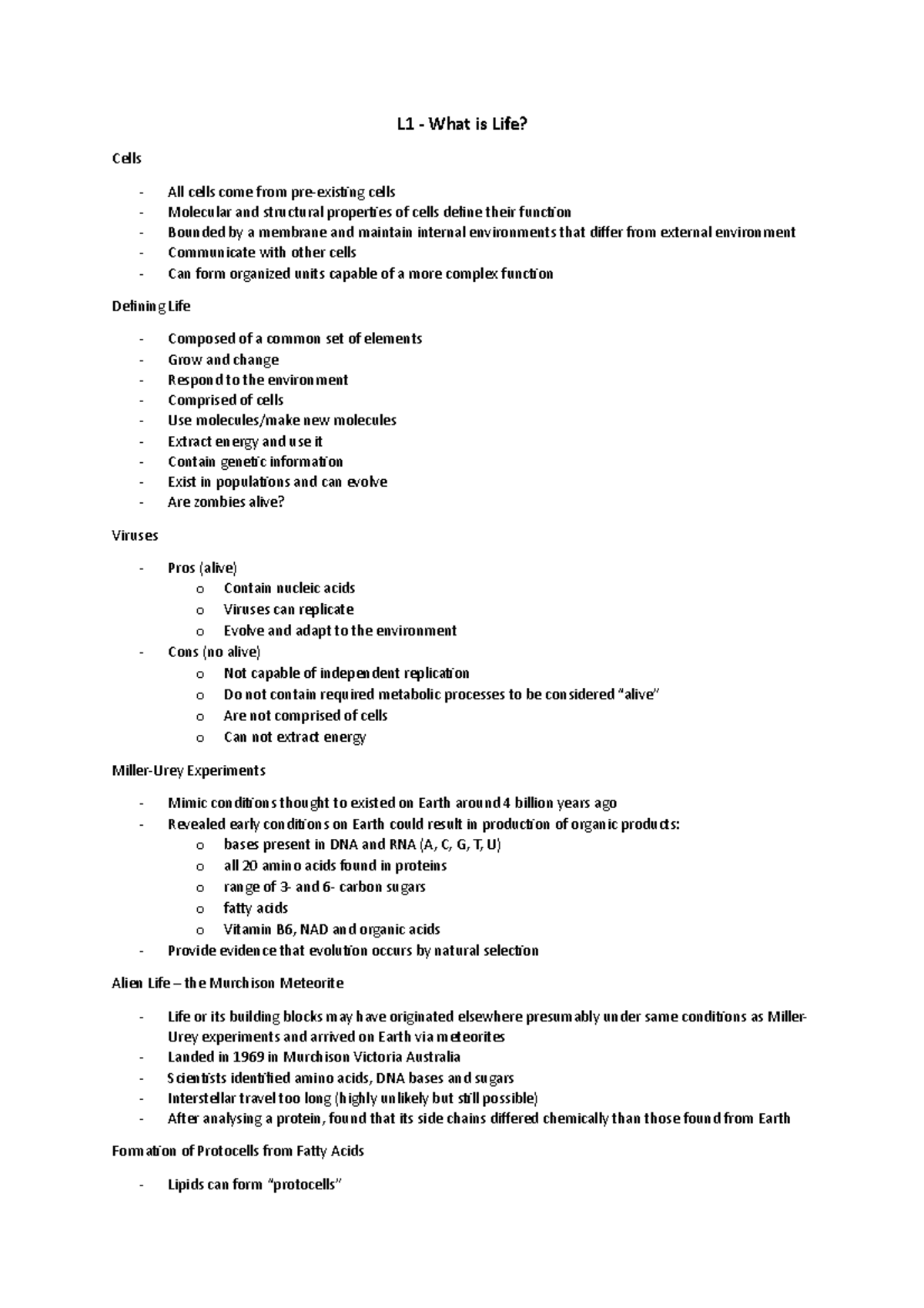 L1 - What is Life - Notes for What is Life - L1 - What is Life? Cells ...